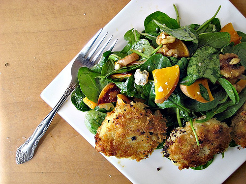 Symons Crab Tater Tots On A Roasted Butternut Squash Salad With Warm Cider Vinaigrette Joanne